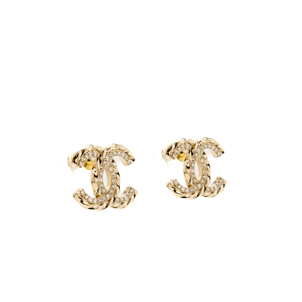 CHANEL 23B CC Logo with Crystal Earrings Light Gold Tone