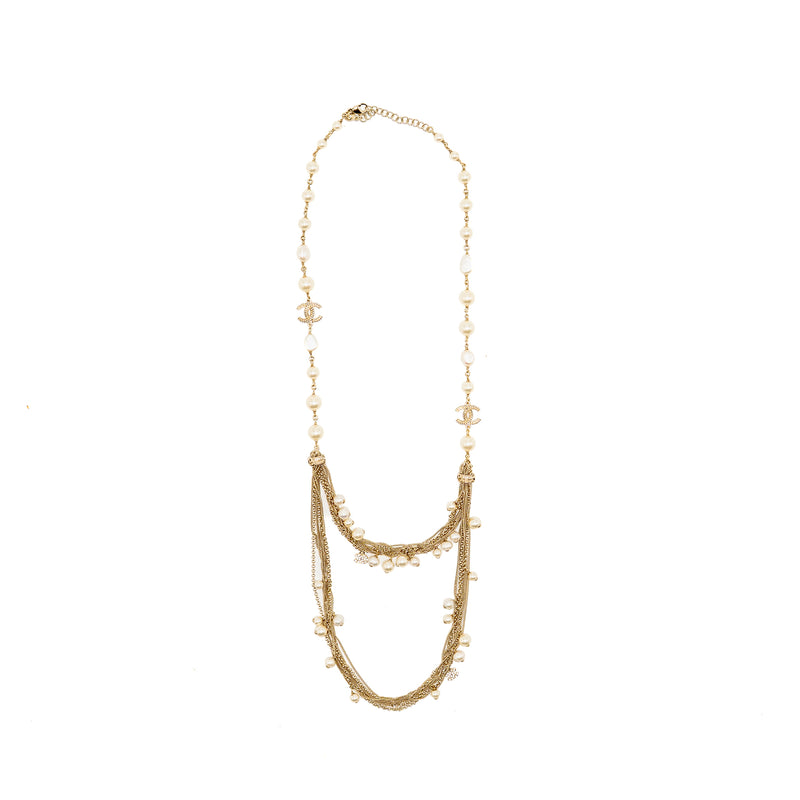 Chanel Pearl Dropped Long Necklace Crystal CC logo Light Gold tone