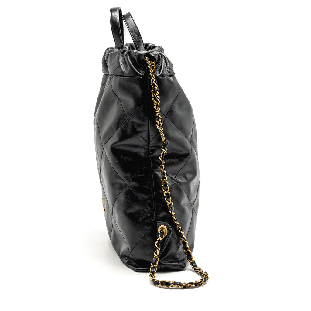 Chanel 22 Backpack Gold Letter Logo Shiny Calfskin Black GHW(microchip