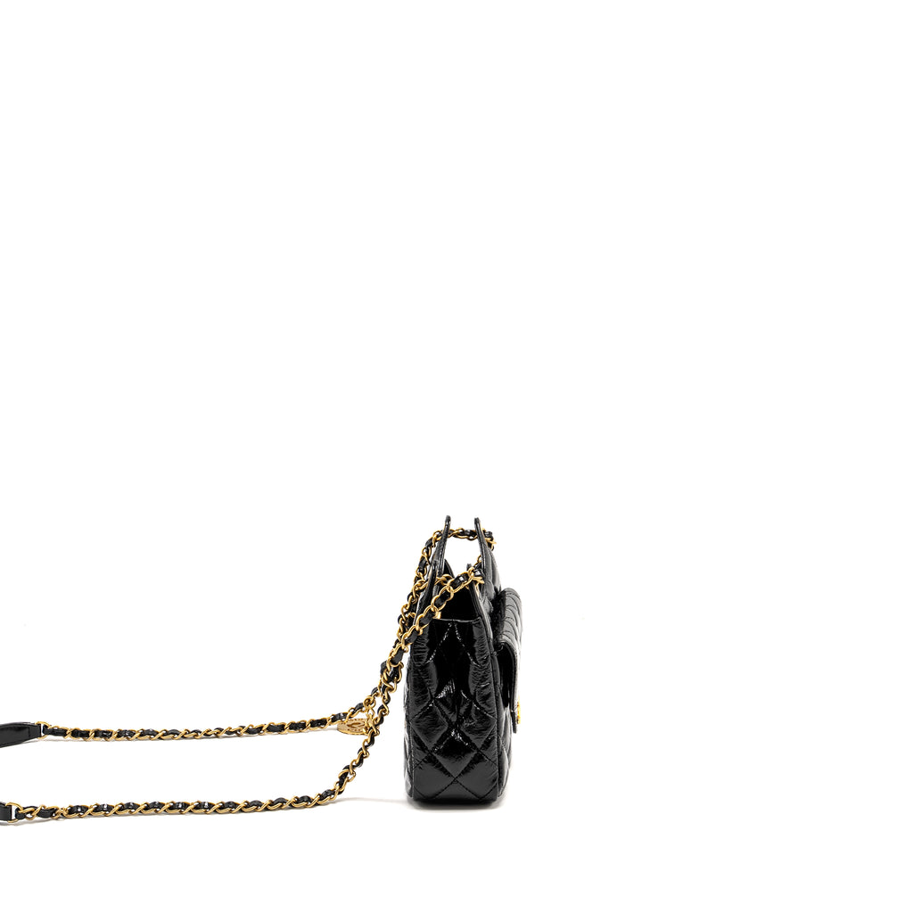 CHANEL 23C Small Hobo bag Shiny Calfskin Black Brushed GHW(Microchip)