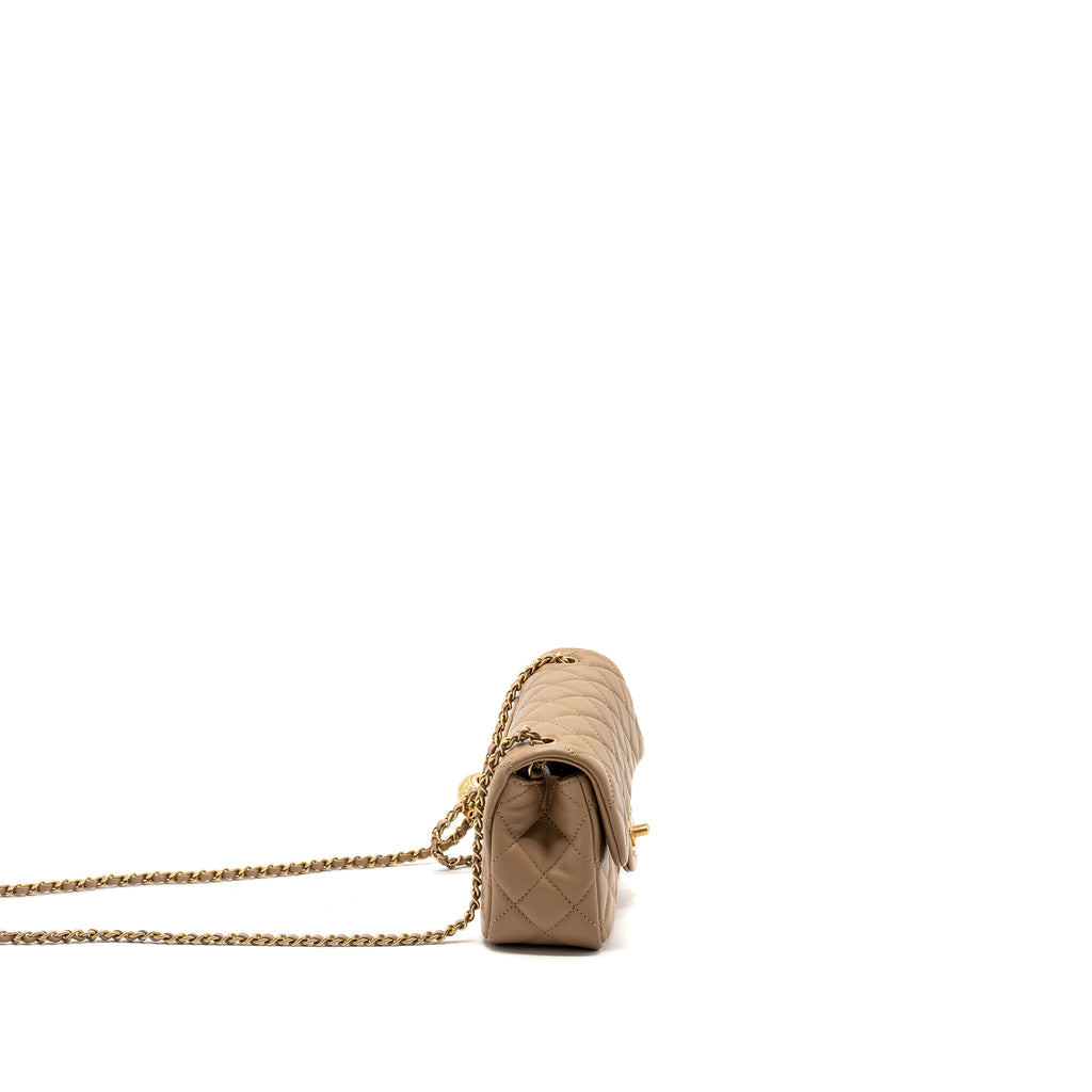 Chanel 22B pearl crush mini rectangular flap bag lambskin dark Beige G