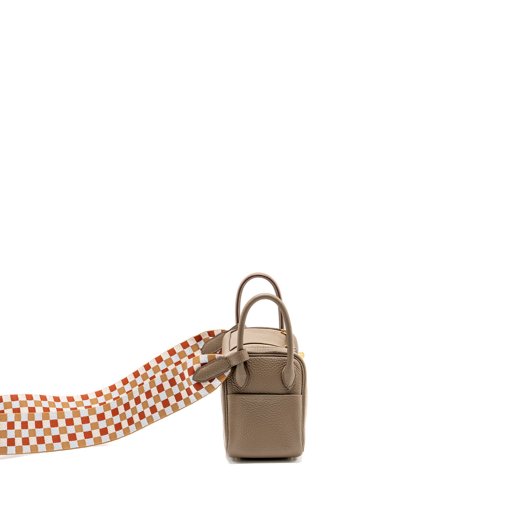Hermes mini Lindy Clemence Etoupe with Chai-Nata-Blue Brume Strap GHW