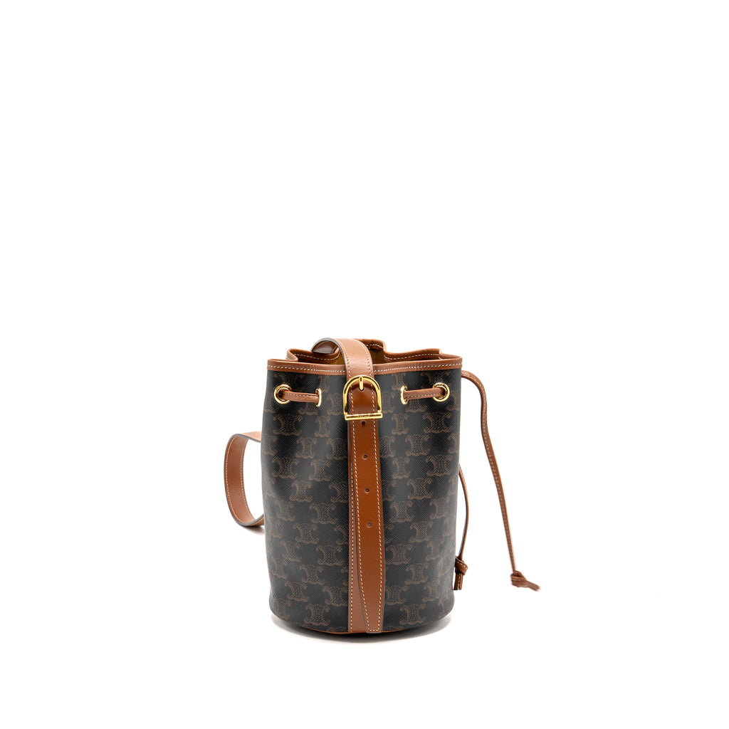Celine Small Drawstring Bag Triomphe Canvas / Calfskin Tan GHW