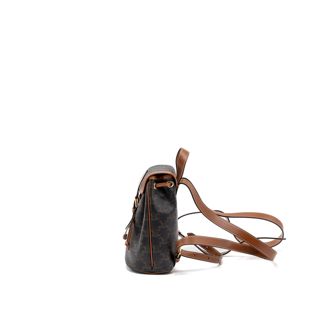 Celine Mini Backpack Folco Triomphe Canvas Calfskin Tan GHW