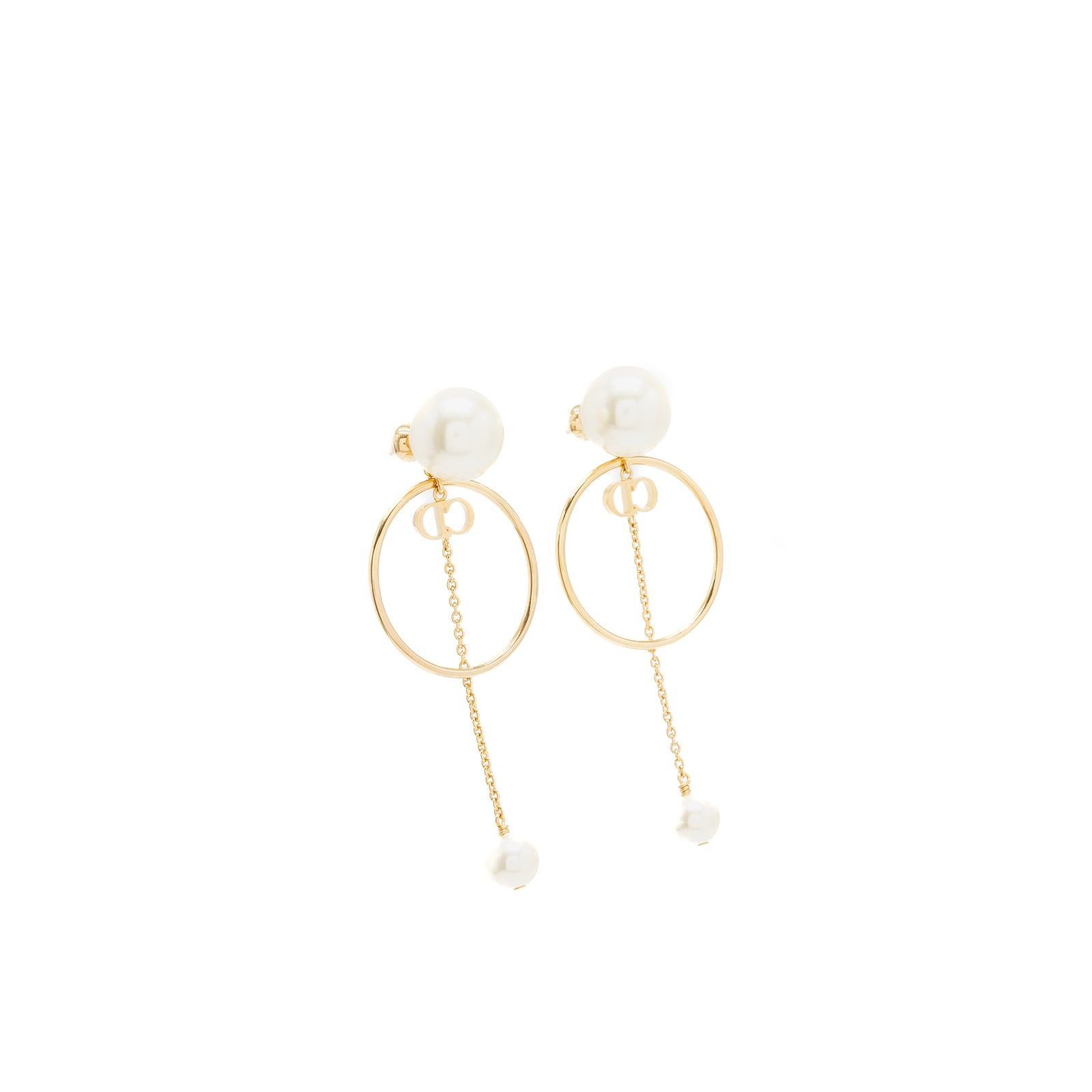 Dior CD Logo Round Drop Earrings Pearl Gold Tone Dior CD Logo Round Drop Earrings Pearl Gold Tone