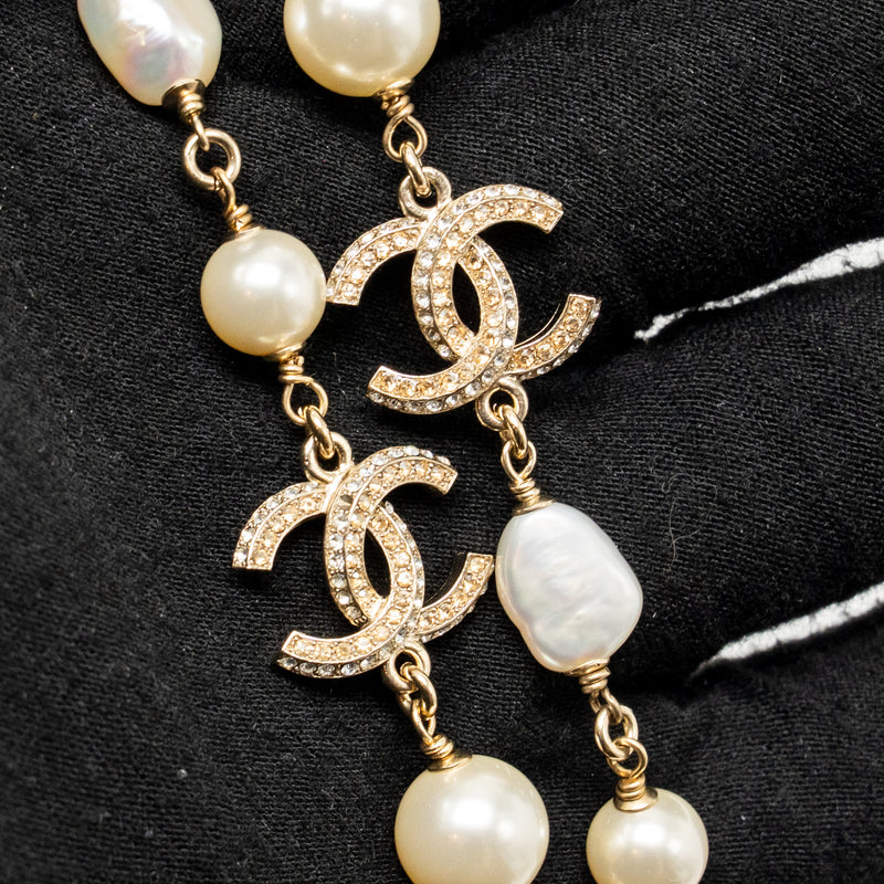 Chanel Pearl Dropped Long Necklace Crystal CC logo Light Gold tone