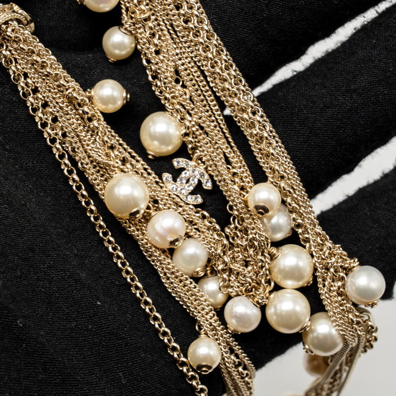 Chanel Pearl Dropped Long Necklace Crystal CC logo Light Gold tone