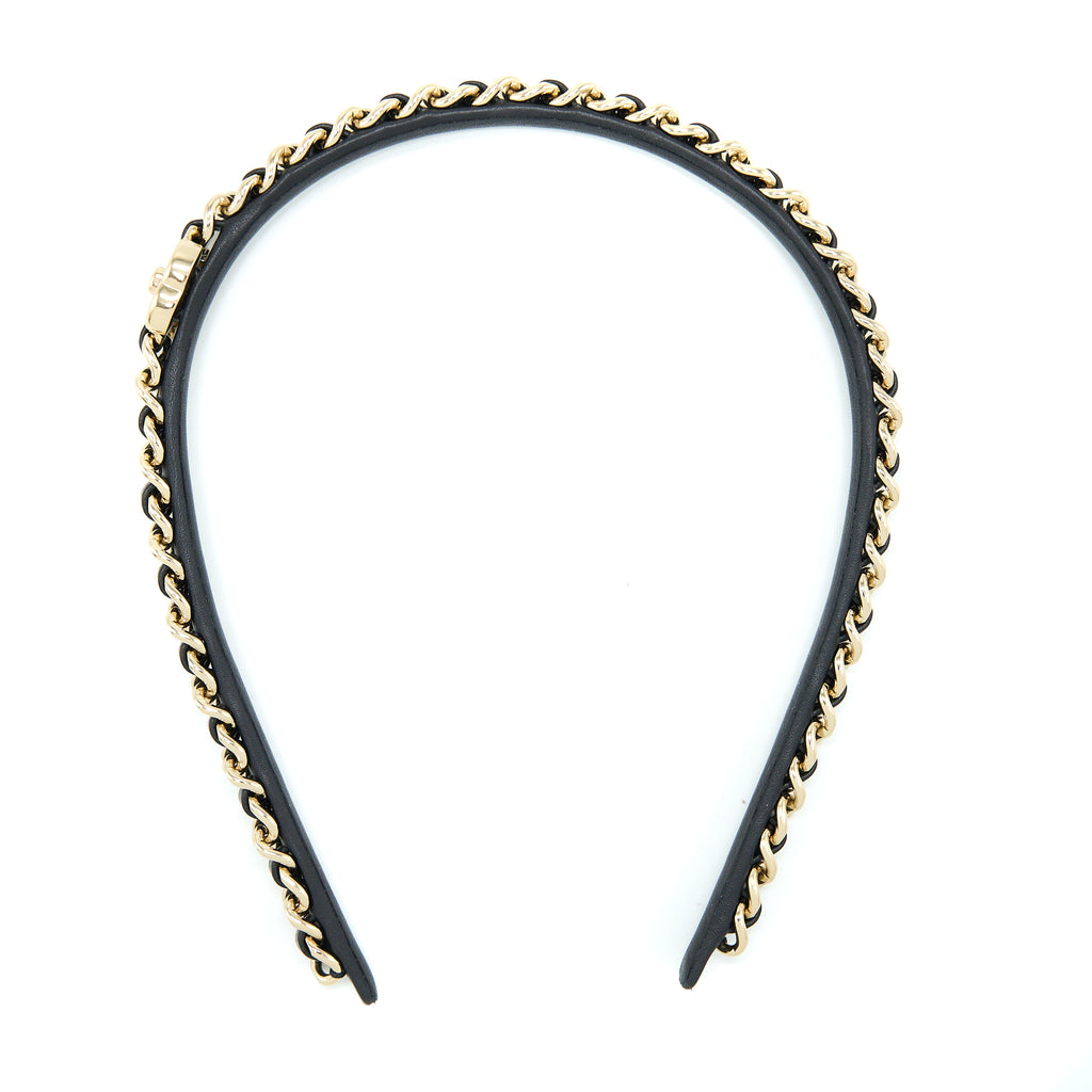 Chanel Leather Chain Hair Band Black Light Gold Tone