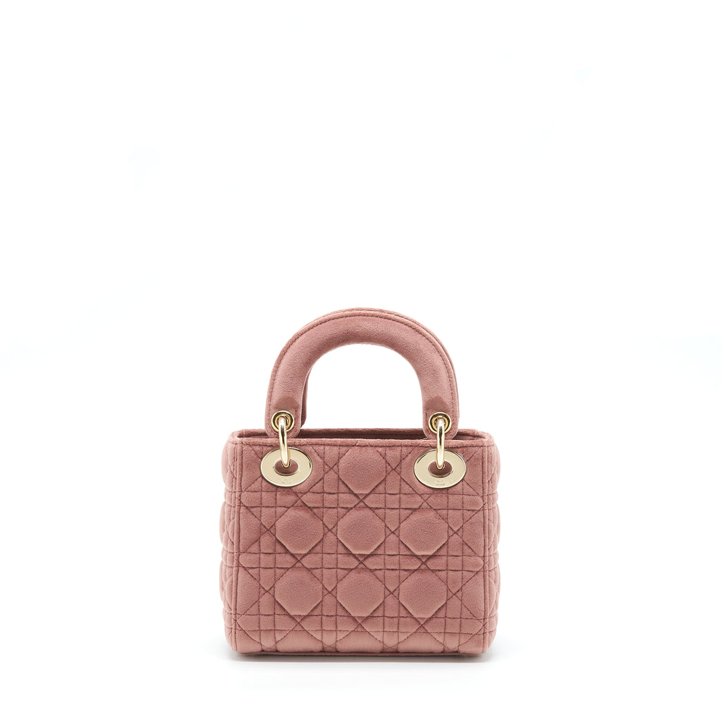 Dior Mini Lady Dior Velvet Pink With Crystal Light Gold Hardware