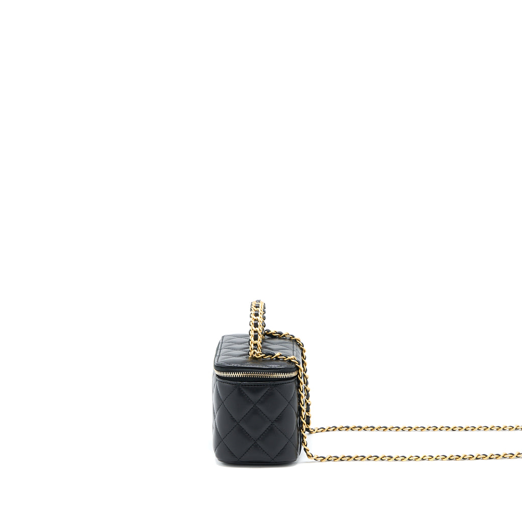 Chanel 22k Leather Chain Top Handle Long Vanity Case Lambskin Black Br