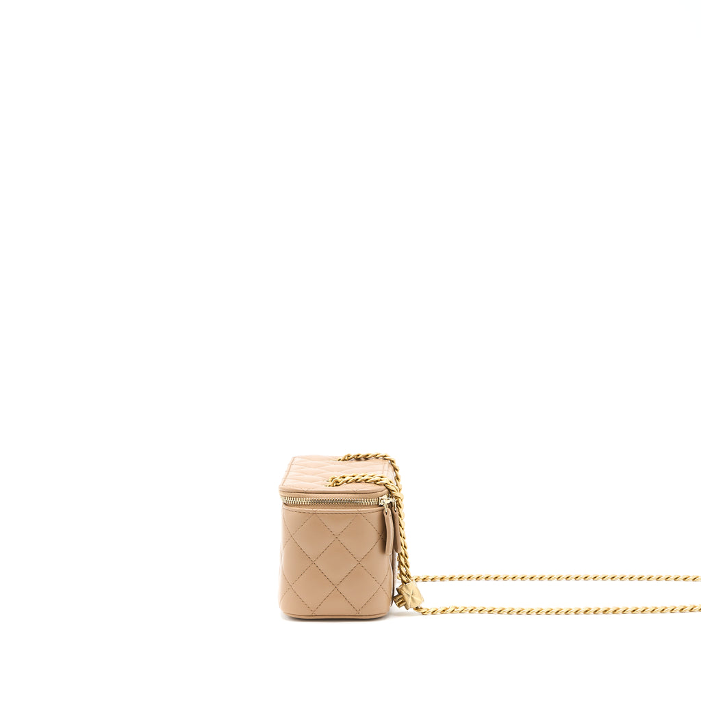 Chanel 22K Gold Pillar Adjustable Chain Long Vanity Lambskin Beige Bru