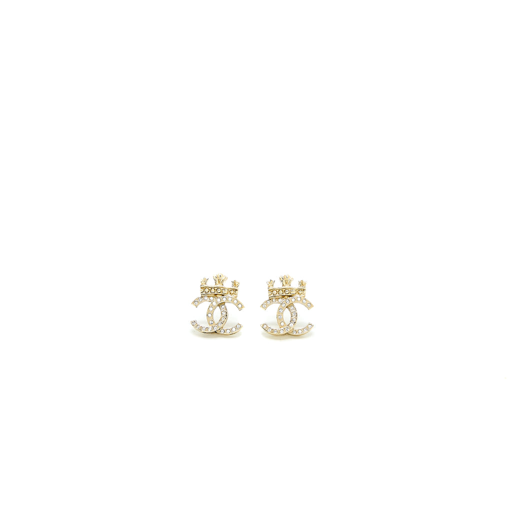 Chanel Crown CC Logo Earrings Crystal Light Gold Tone